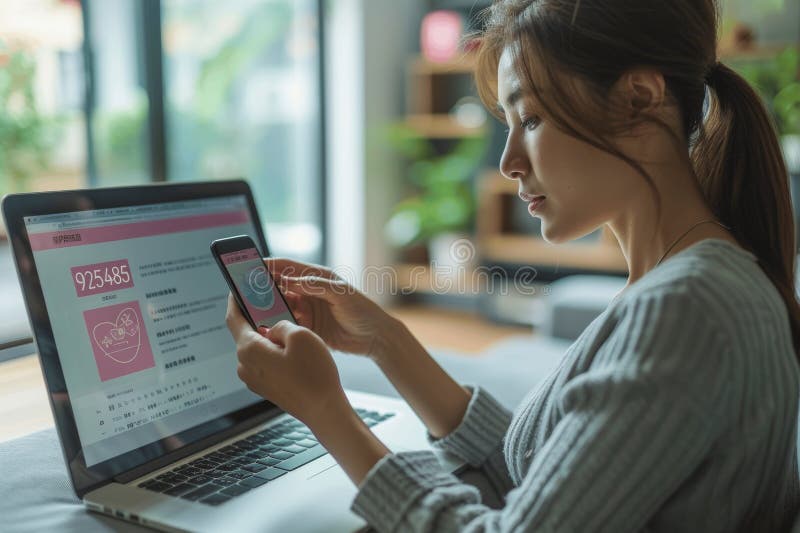 Young Woman Using Smartphone and Laptop for Secure Two-Factor Authentication Stock Illustration ...