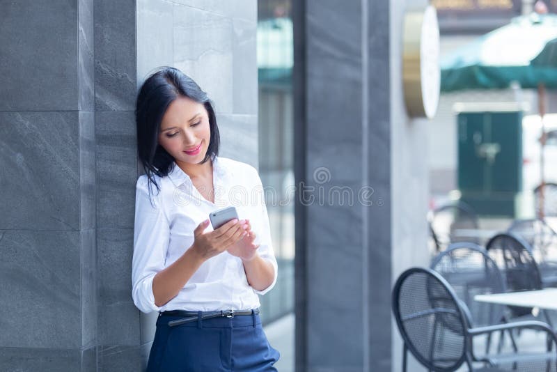 Young Woman Using Smartphone Work Office Outside, Copy Space Stock ...