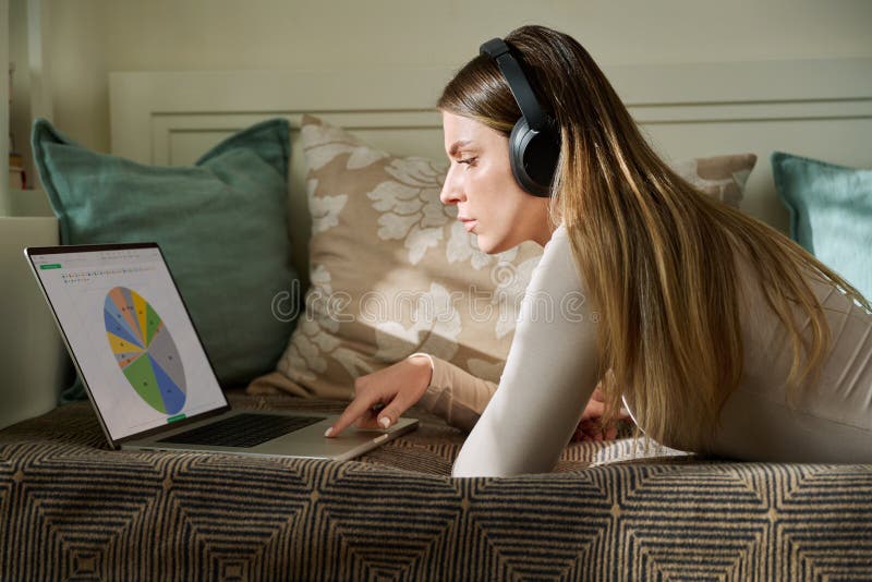 Young Woman Using Typing Working Studying on Laptop, Side View of ...