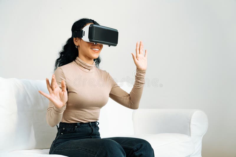 Young Woman Using Virtual Reality VR Goggle at Home for Crucial Experience Stock Image - Image ...