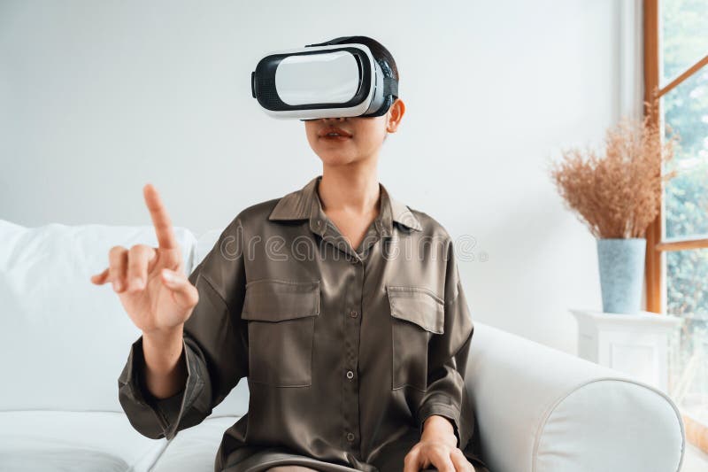 Young Woman Using Virtual Reality VR Goggle at Home for Uttermost Experience Stock Image - Image ...