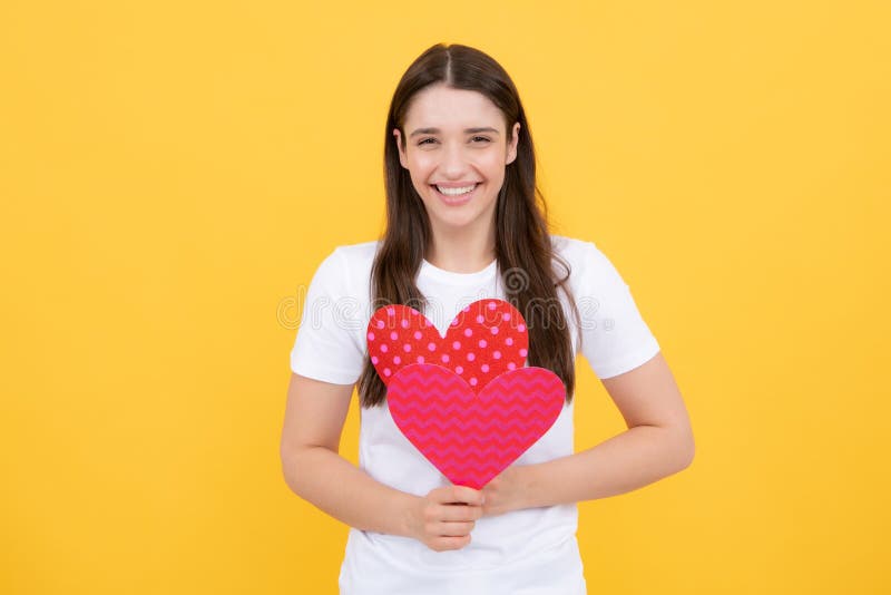 Young Woman Valentines Day Concept Girl With Heart Shaped Card Lovely