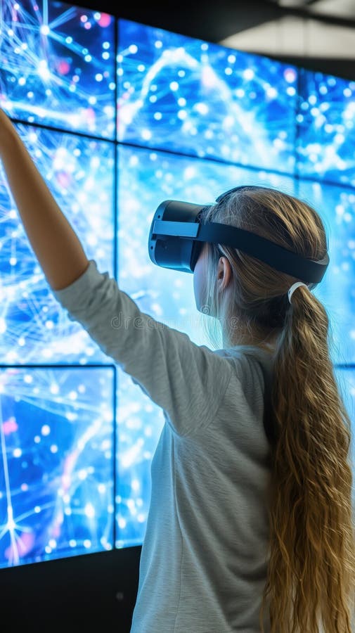 Young Woman Virtual Reality Headset Digital Screen Interactive ...