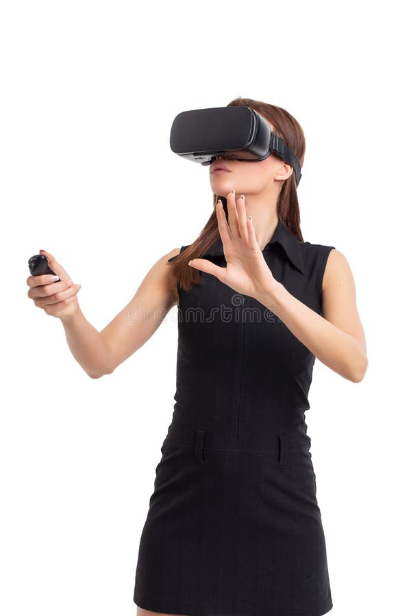 Young Woman in VR Headset Using Remote Control Isolated Stock Image ...