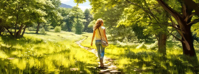 Young Woman on a Walk in the Park, Banner Stock Illustration ...
