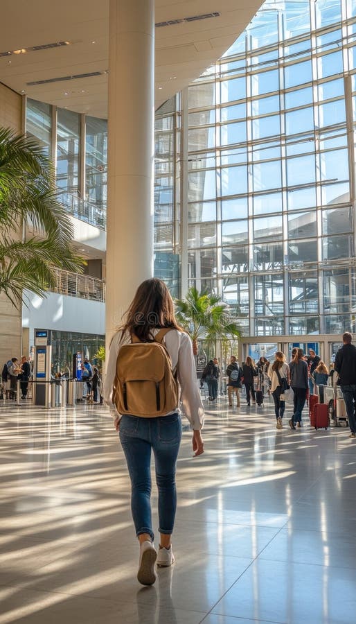 Young Woman Walking through Busy Airport Terminal, Sunlight Streaming ...