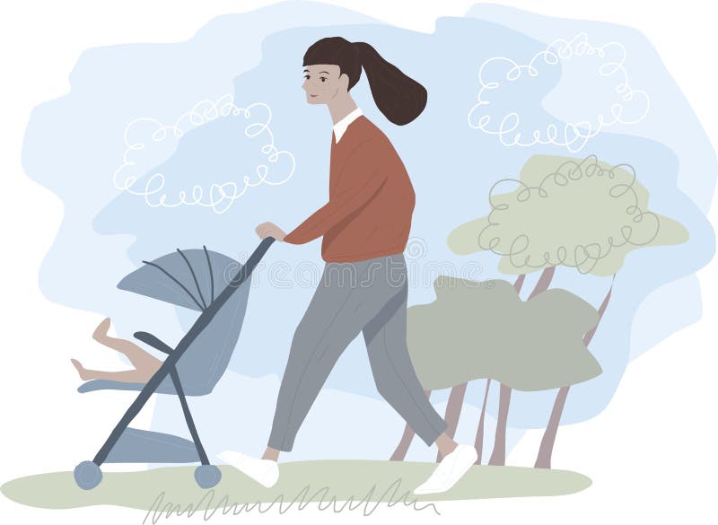 Young Woman Walking with a Light Stroller. Mother and Child Walk in the ...