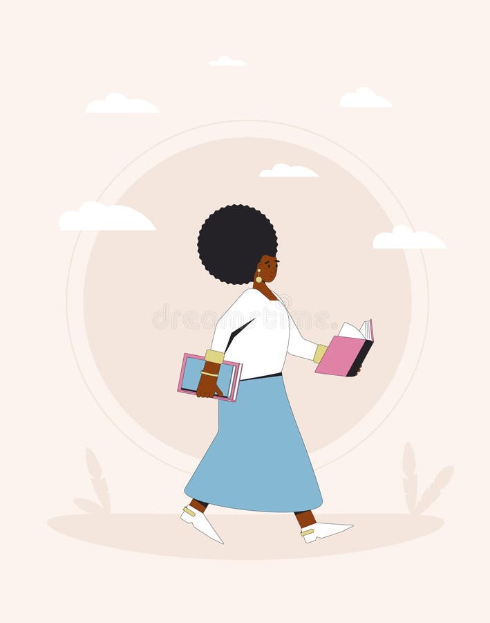 Young Woman Walking and Reading Book. Stock Vector - Illustration of ...