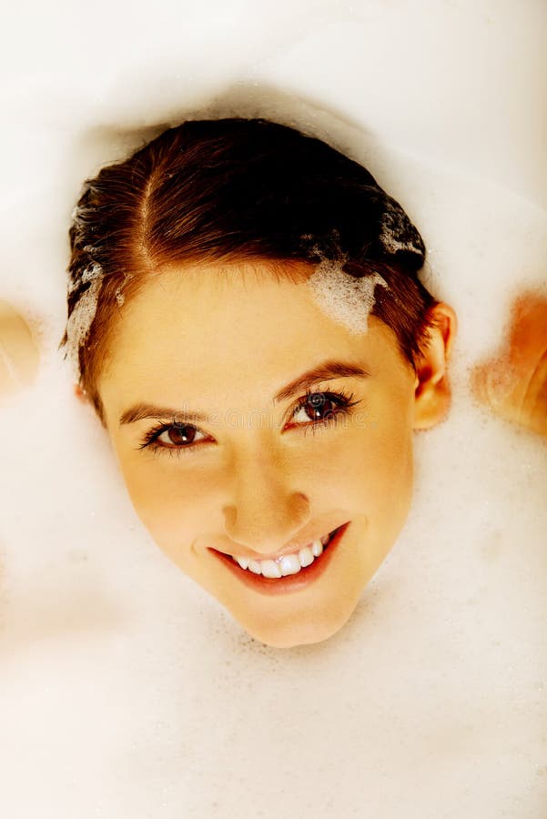 Young Woman Washing Hair in Bath Stock Image - Image of bathing ...