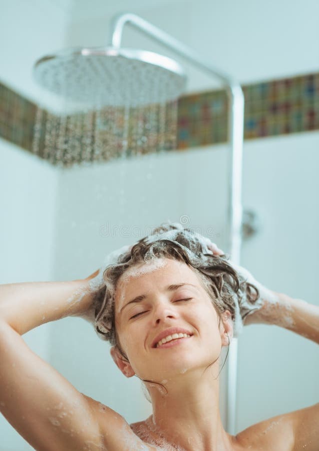Young Woman Washing Head with Shampoo Stock Image - Image of freshness ...