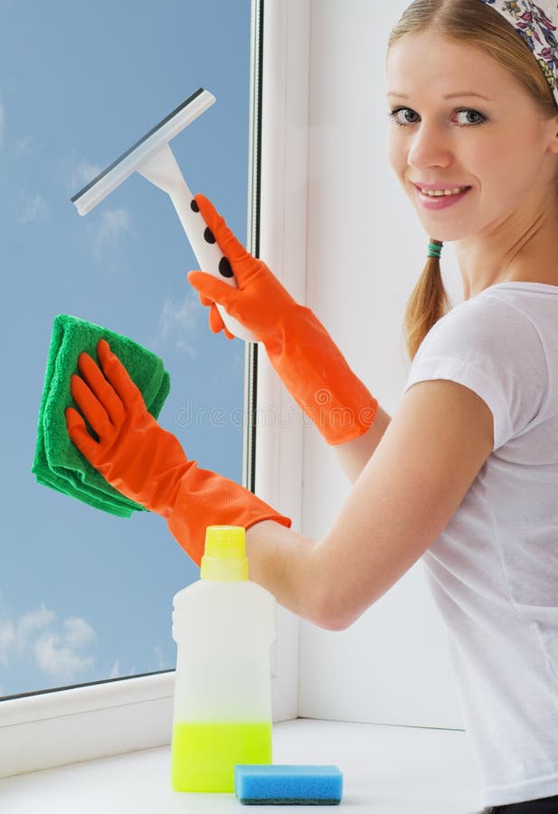 Young Woman Washing Windows Stock Image - Image of housewife, home ...