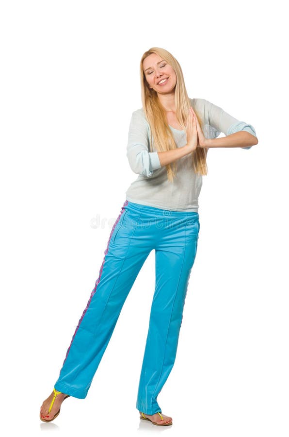 The Young Woman Wearing Blue Training Pants Isolated on White Stock ...