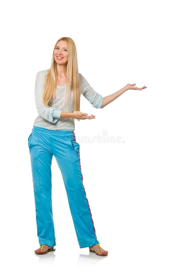 Young Woman Wearing Blue Training Pants Isolated on White Stock Photo ...