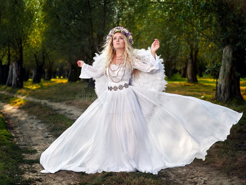 Young Woman Wearing White Dress And Angel Wings Stock Image Image Of