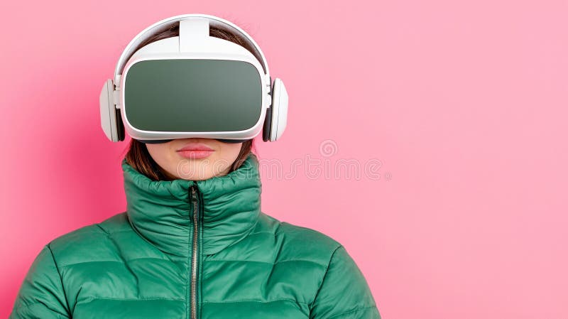 Woman in Green Jacket Using VR Headset Immersive Virtual Reality ...