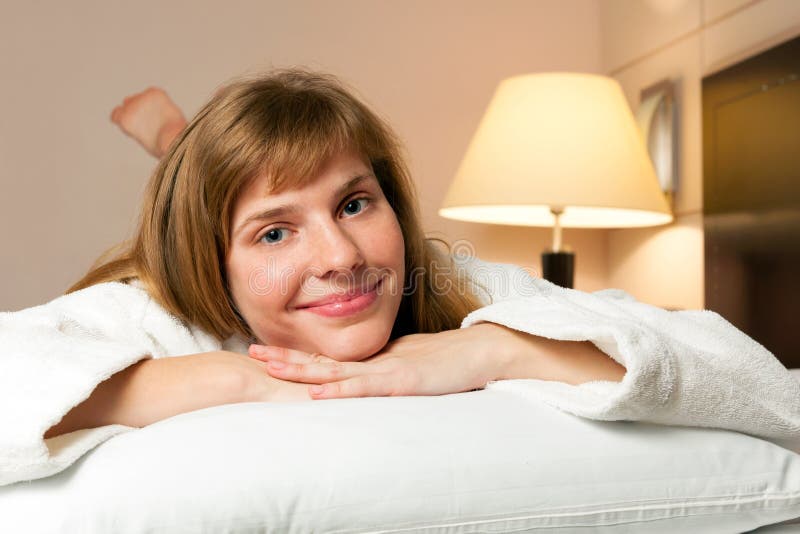 Young Woman Wearing a White Robe Stock Photo - Image of nice, bathroom ...