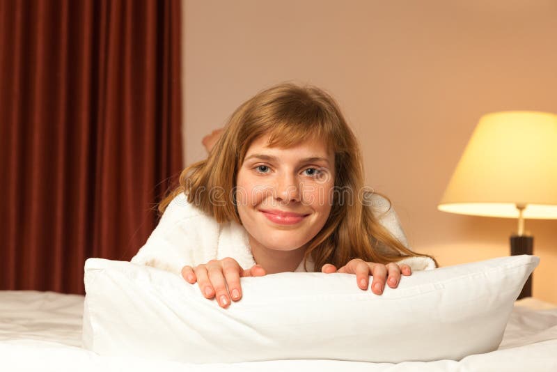 Young Woman Wearing a White Robe Stock Image - Image of house, bath ...