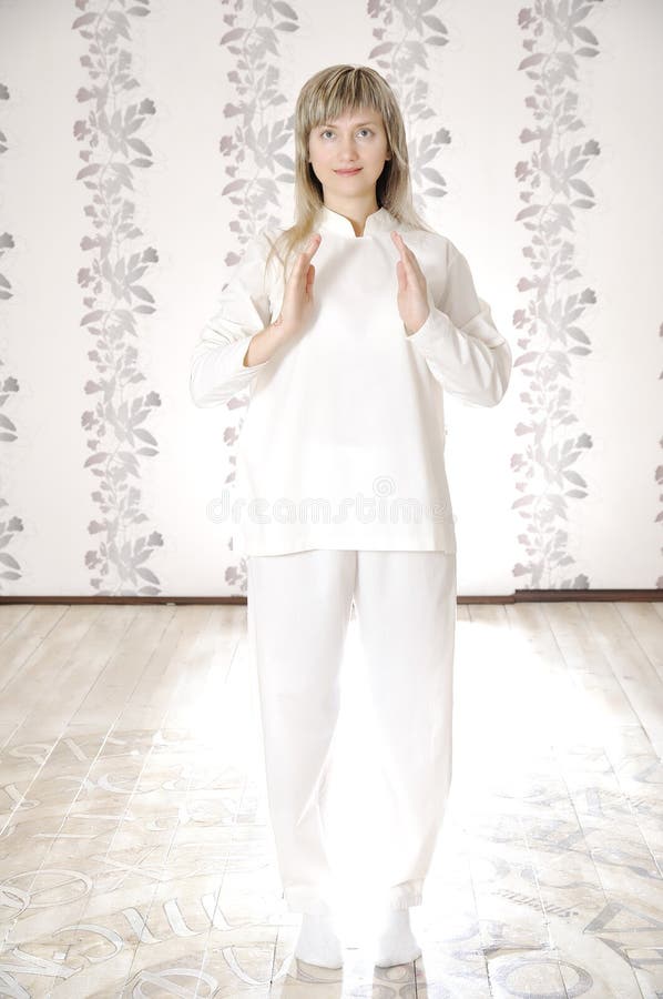 Young Woman in White Cloth Training Yoga Stock Photo - Image of ...