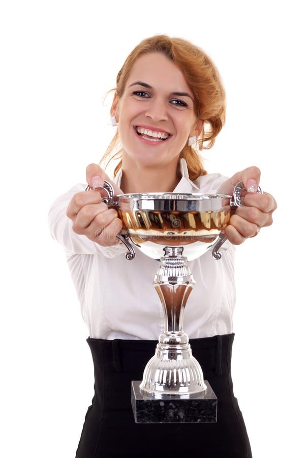 Woman Winning a Gold Trophy Stock Photo - Image of holding, competition ...