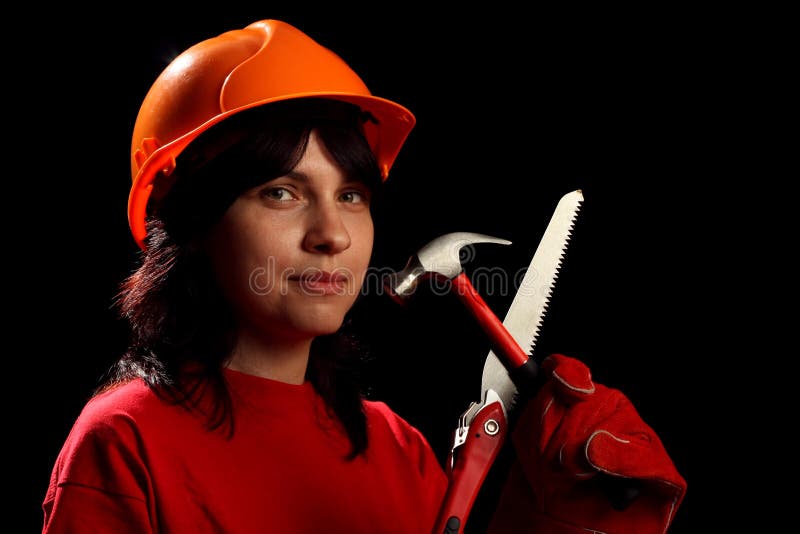 Young Woman with Work Tools Stock Image - Image of hardhat, leather ...