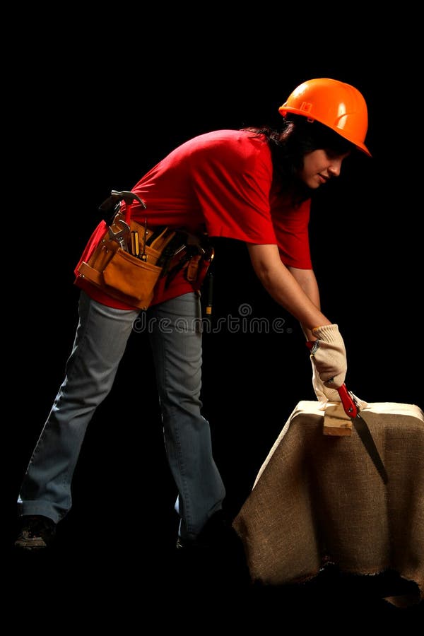Young Woman With Work Tools And Hand Saw Stock Image - Image of ...