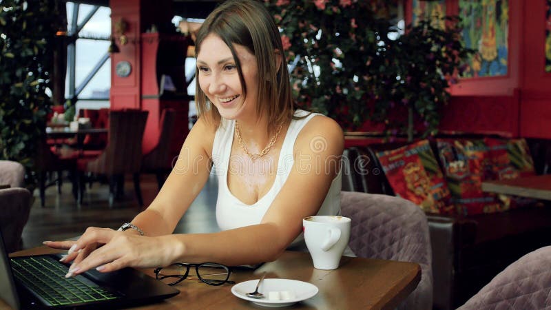 Young Woman Working Behind Laptop at Cafe Lunch Time Stock Photo ...