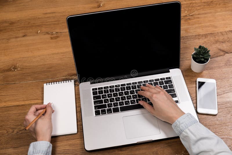 Young Woman Working on Computer at Table, Closeup. Banner Design Stock ...