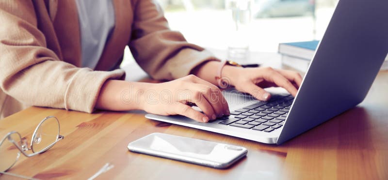 Young Woman Working on Computer at Table in Office. Banner Design Stock ...