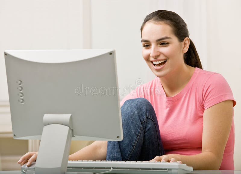 Young Woman Working on Desk Top Computer Stock Image - Image of glad ...