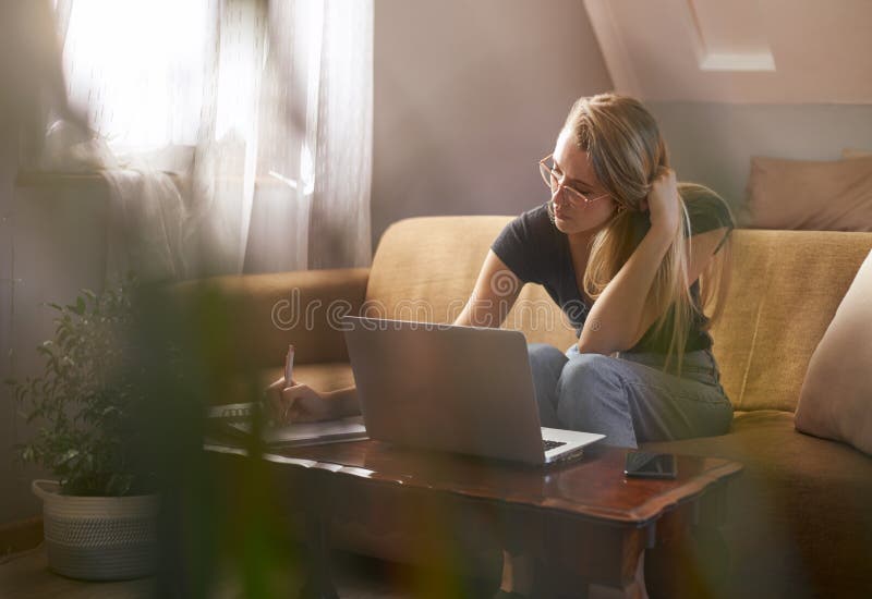 Young Woman Working from Home on Sofa Stock Image - Image of quarantine ...
