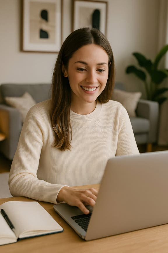 Young Woman Working from Home Typing on Laptop and Smiling Stock ...