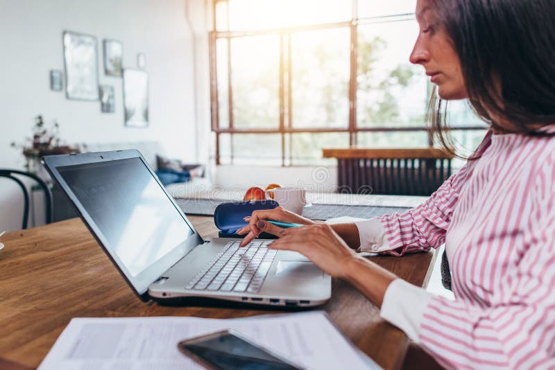 Young Woman Working at Home Using Laptop Computer Stock Image - Image ...