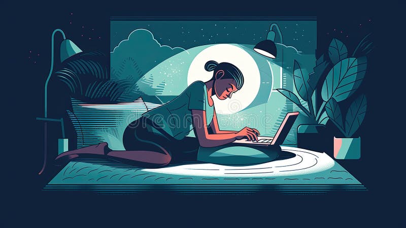 Young Woman Working on a Laptop in Bed at Night Stock Illustration ...