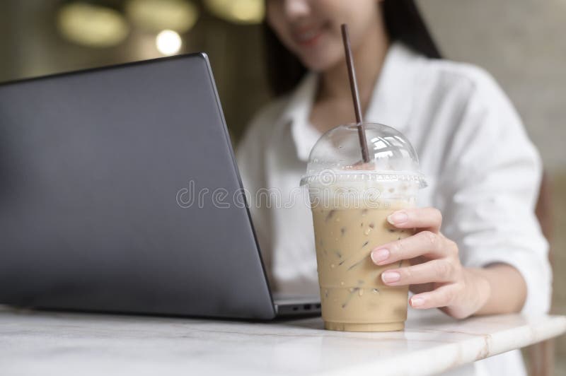 Young Woman Working with Laptop Computer in Cafe Stock Photo - Image of ...