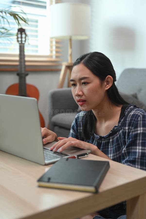 Woman Working with Laptop Computer at Home. Stock Photo - Image of ...