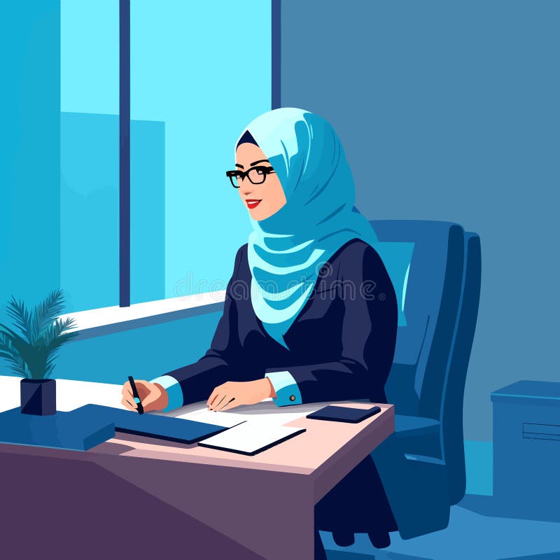 Young Woman Working with Laptop in Office Illustration Stock ...