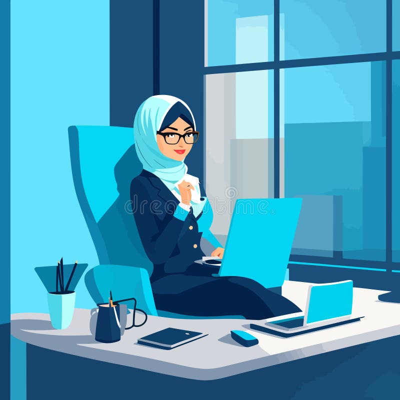 Young Woman Working with Laptop in Office Illustration Stock Illustration - Illustration of ...