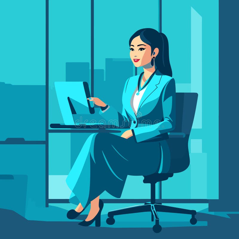 Young Woman Working with Laptop in Office Illustration Stock ...