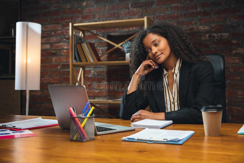 Young Woman Working in Modern Office Using Devices and Gadgets. Making ...