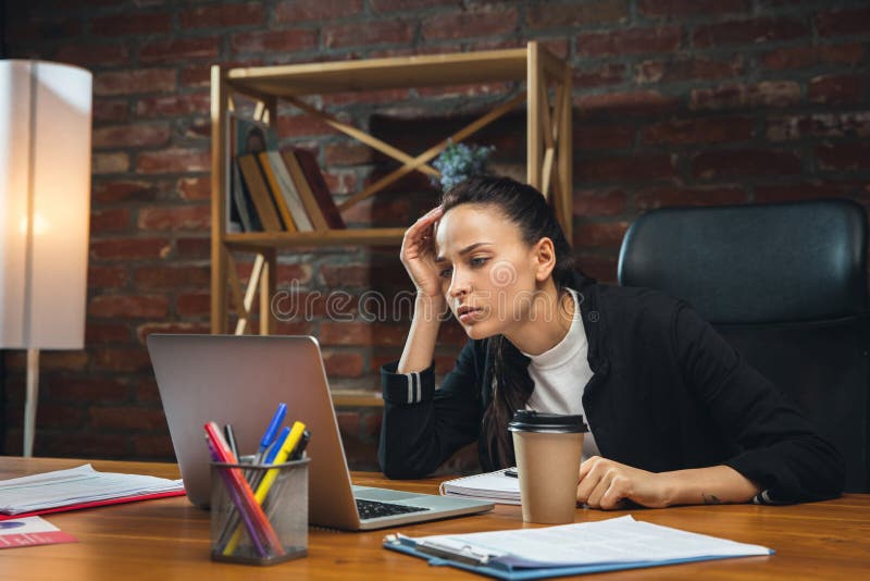 Young Woman Working in Modern Office Using Devices and Gadgets. Making ...