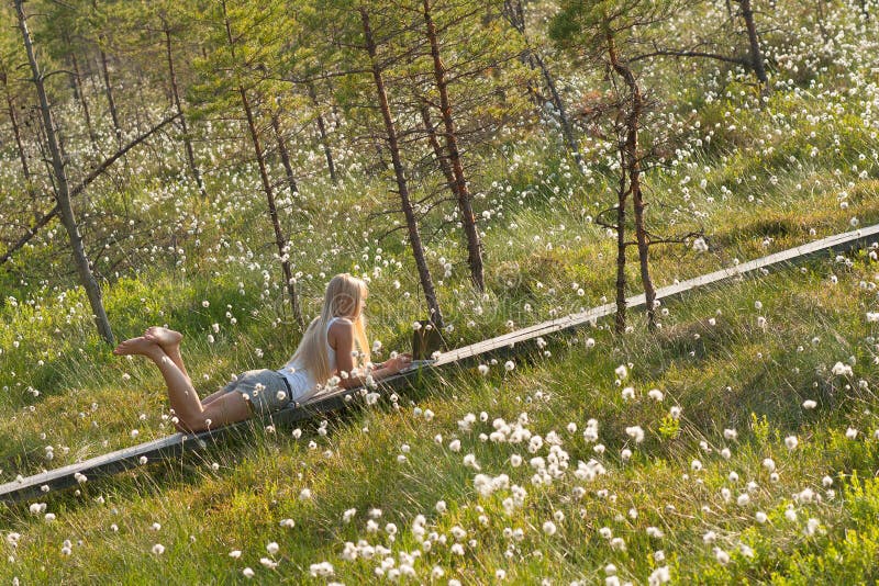 Young Woman Working in Nature Stock Image - Image of young, outdoors ...