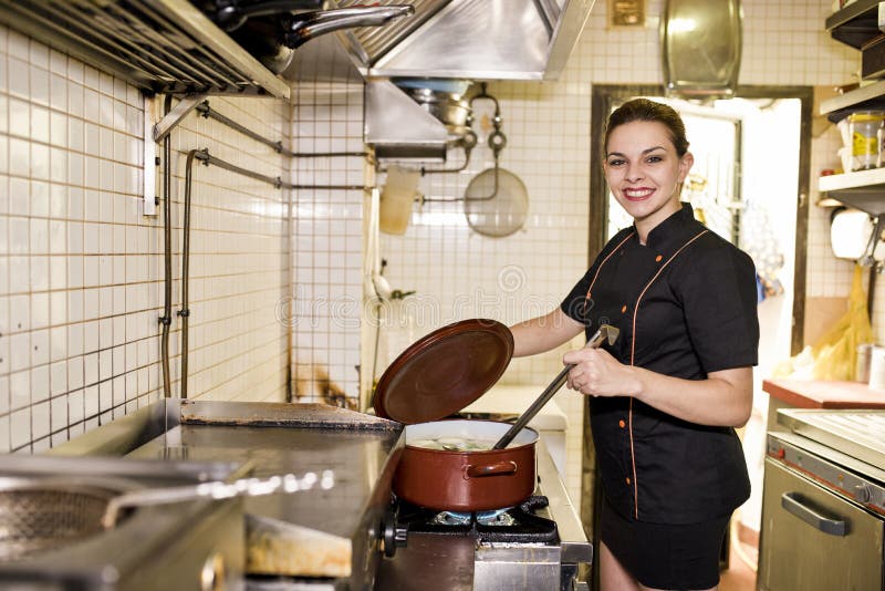 Young Woman Working in Old Kitchen Cooking Stock Photo - Image of ...