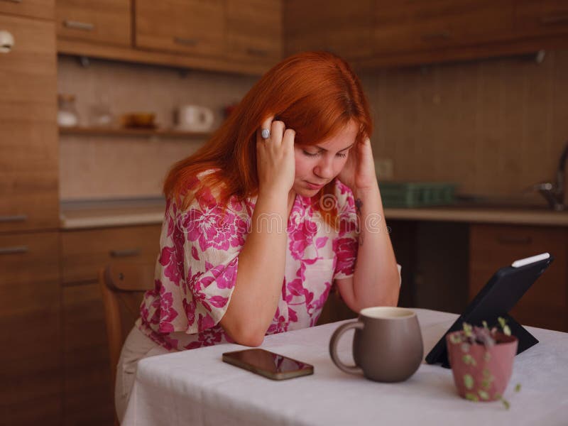 Young Woman Working on Tablet at Kitchen Stock Image - Image of laptop ...