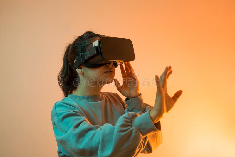 Young Woman Working with Vr Headset Device, Moving Virtual Object with ...