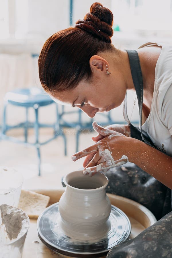 Young Woman Works with Pottery Wheel Editorial Photography - Image of ...