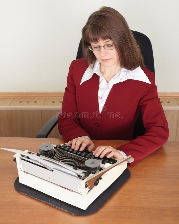Young Woman Works with Typewriter Stock Photo - Image of antique, chair ...
