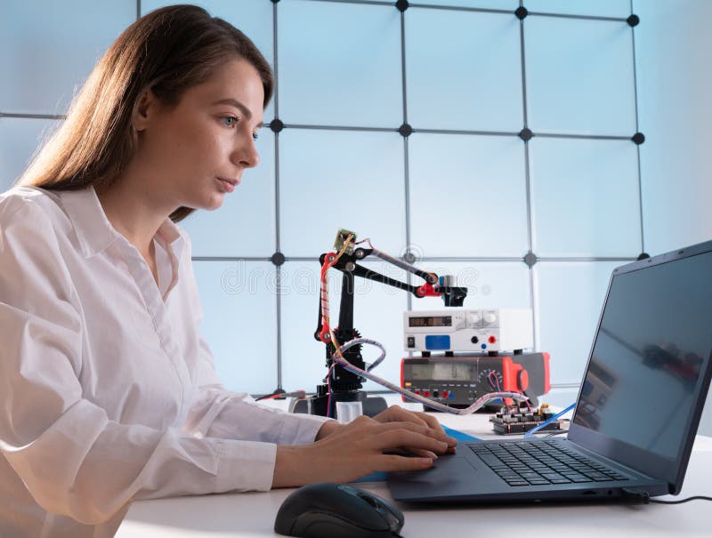 A Young Woman Writes an Algorithm for the Robot Arm. Science Research ...