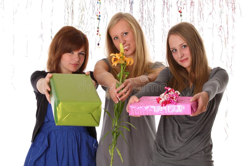 Young Women Give Gift and Flower Stock Image - Image of laughing ...