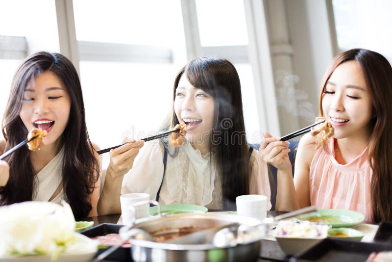 Young Women Group Eating Hot Pot Stock Image - Image of chopstick, meal ...