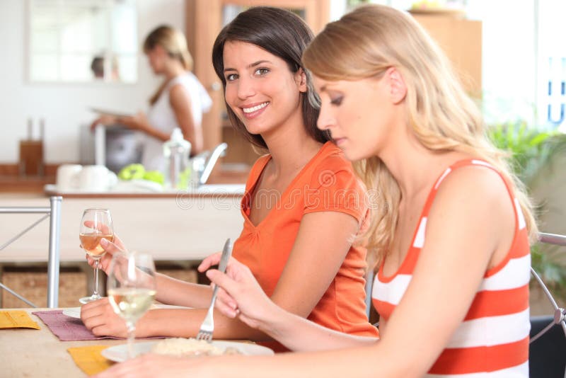 Young women having lunch stock image. Image of home, wine - 25861679